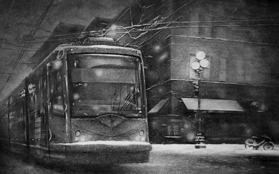 素描场景-雪夜电车