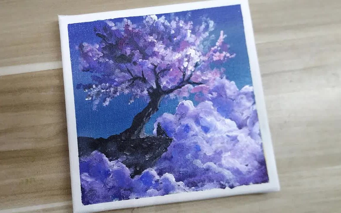 ...教程】盛开的樱花树-Acrylic painting How to paint cherry blossom tree