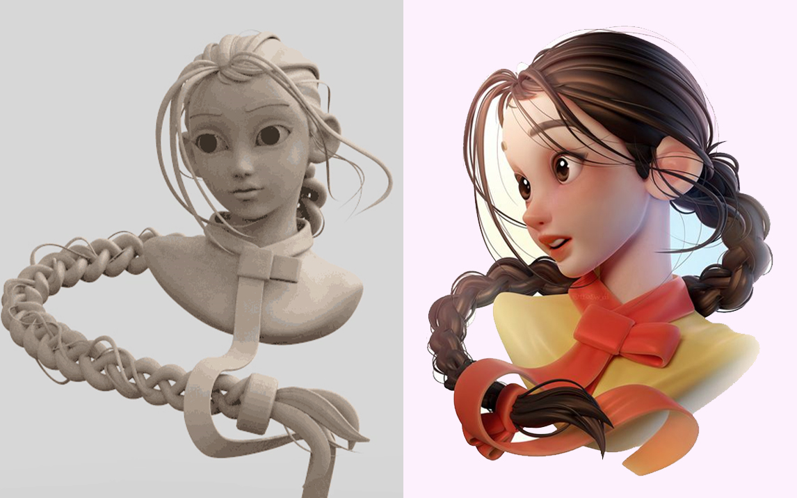 【zbrush角色雕刻】马尾麻花辫小姐姐3D角色建模全流程,从球教你...