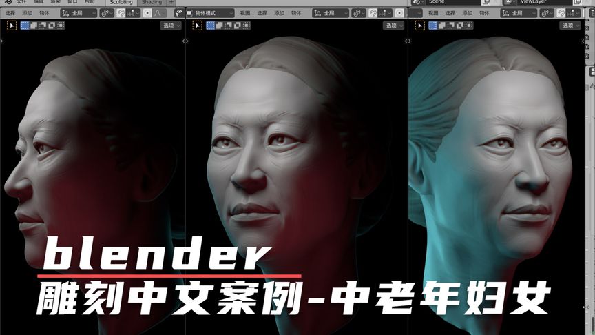 blender 雕刻中文指南案例-中老年女性头部流程-建模到顶点色步骤