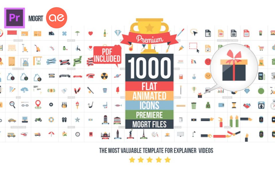 Premiere预设-1000个MG扁平化多类型Icon图标动画PR预设
