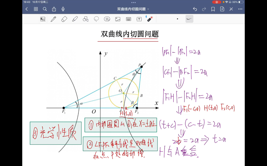 2023秋 双曲线内切圆问题(3个难题,涉及切线方程、焦半径公式、光学...