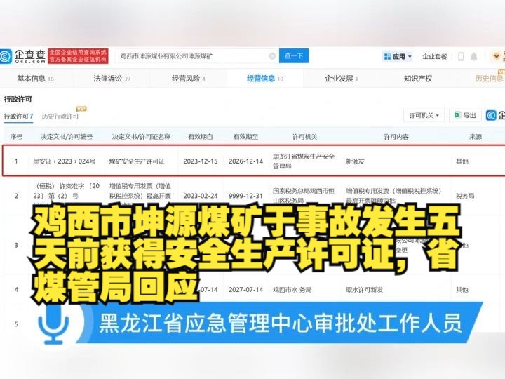 鸡西市坤源煤矿于事故发生五天前获得安全生产许可证,省煤管局回应