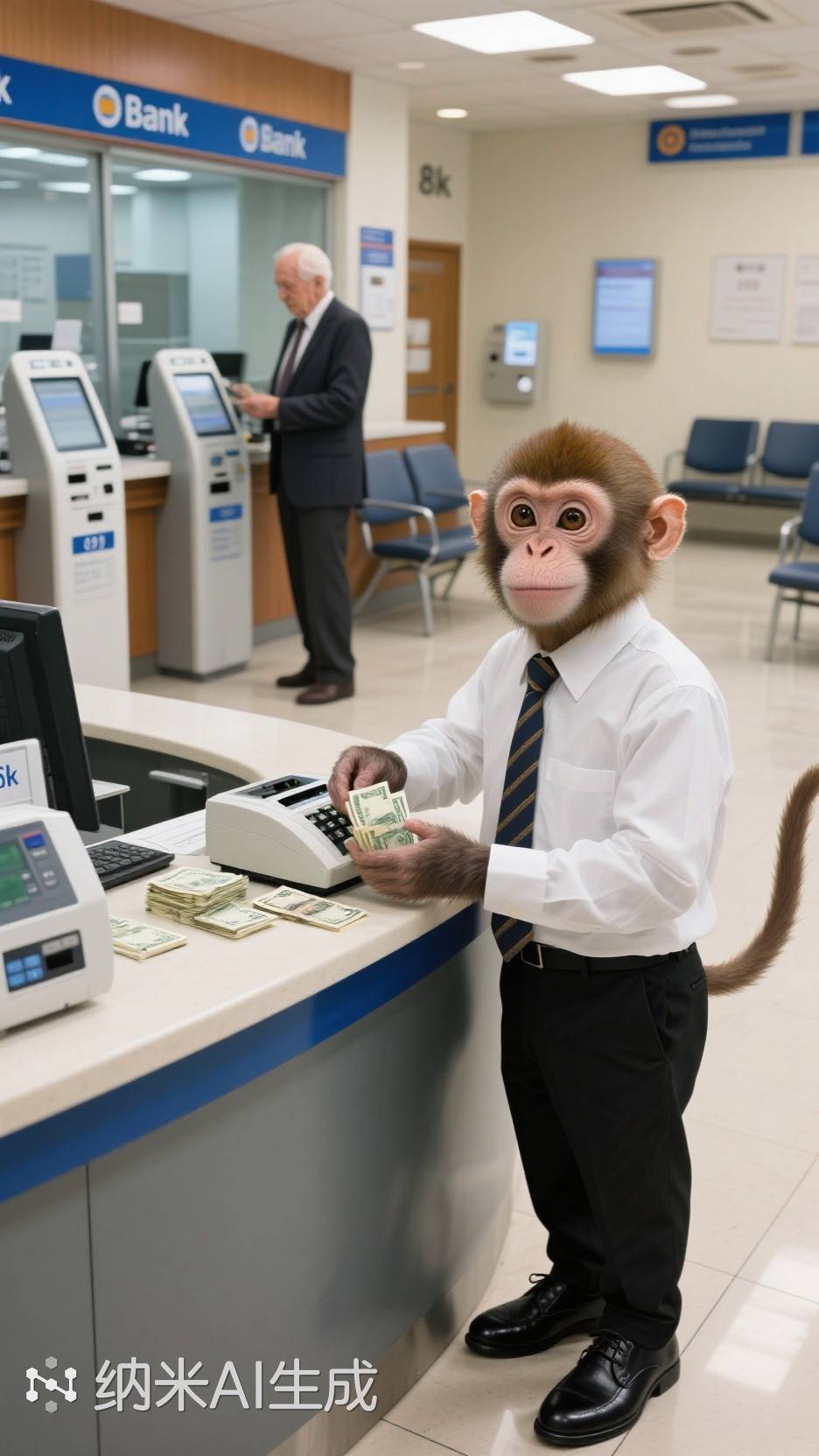 动物:小猴子穿皮鞋在银行数钱,大爷都看呆了 #萌宠