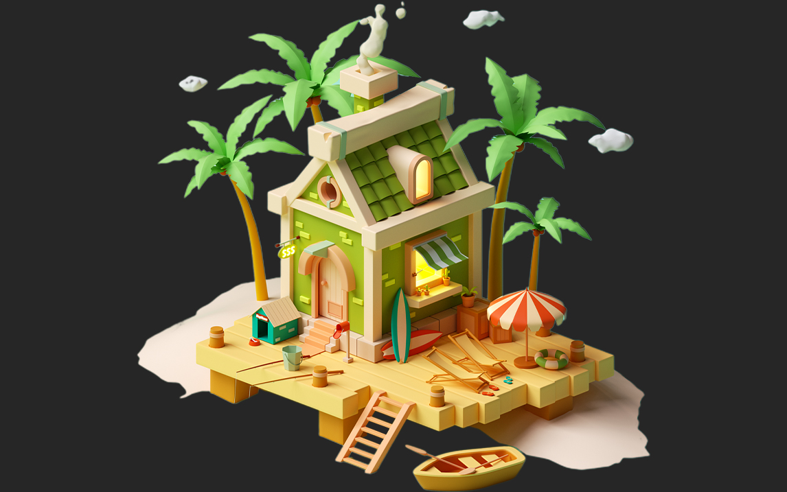 【Maya建模】海上别墅模型制作,卡通房子建模 渲染详细案例教程