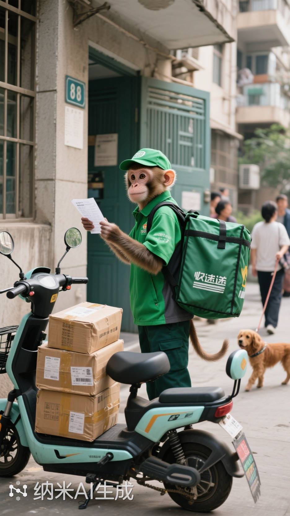 动物:小猴子穿绿制服送快递,核对单号好认真呀 #萌宠