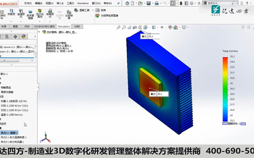 借助SOLIDWORKS瞬态热力分析,模拟散热片表面温度变化