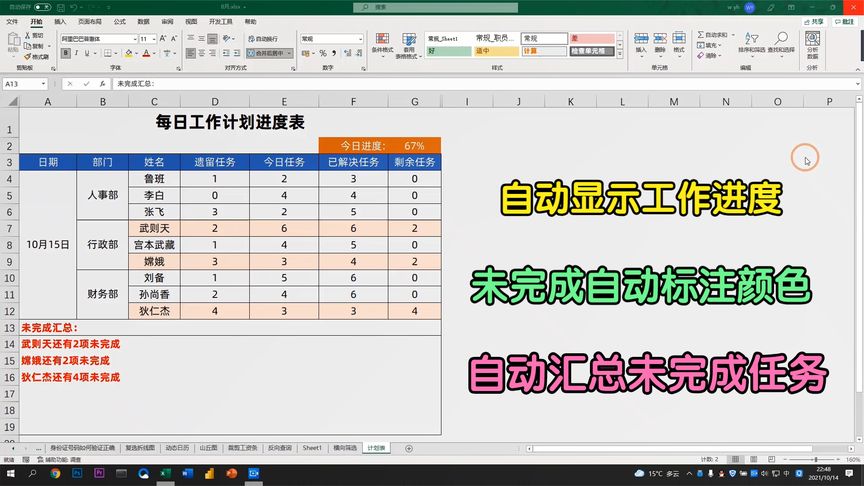 Excel制作工作进度表,自动显示工作进度,自动汇总未完成任务