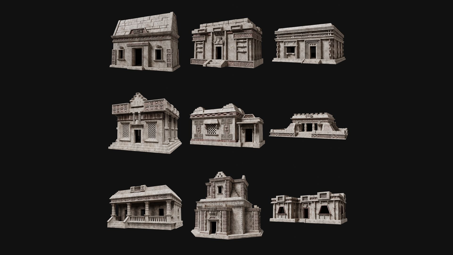 3D建筑资产!9款古文明建筑石屋房屋石头寺庙建筑物3D模型,带2K纹理...