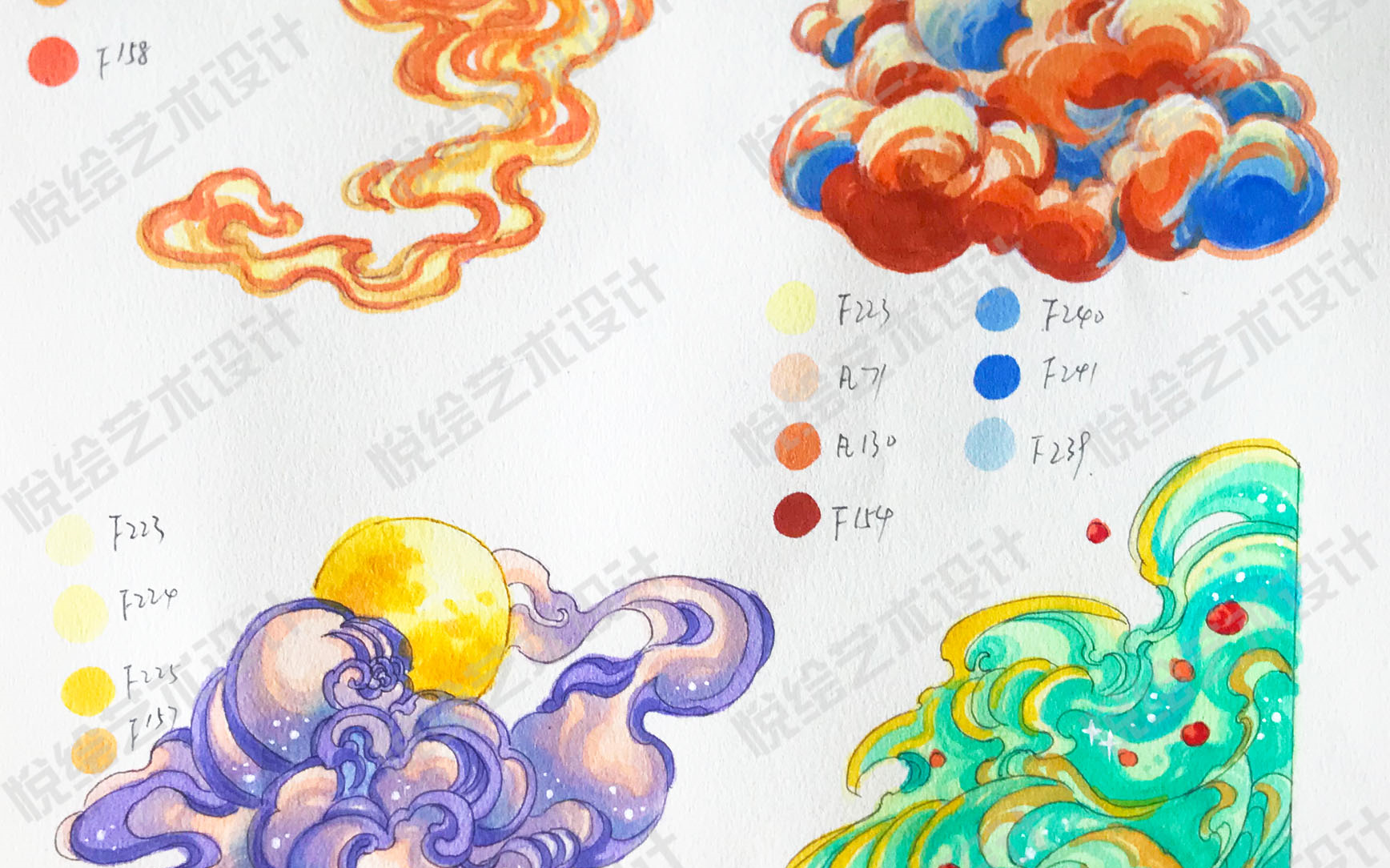 |悦绘手绘原创作品|视觉传达考研手绘—单体云纹素材绘制示范