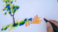 马克笔简易手绘风景画,色彩鲜明对比.