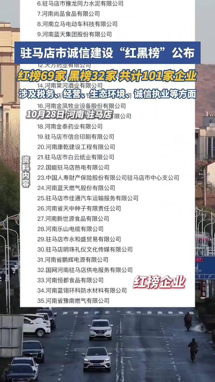 驻马店市诚信建设"红黑榜"公布红榜69家黑榜32家共计101家企业#...