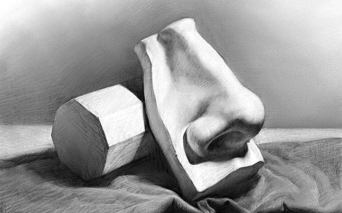【procreate板绘过程】Ipad Pro石膏几何体和鼻子组合素描静物,超写实...