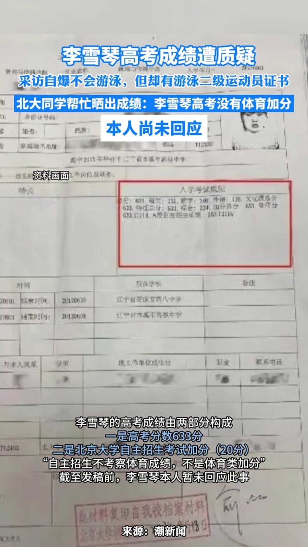 ...成绩遭质疑 北大同学回应李雪琴高考分数:李雪琴高考没有体育加分。
