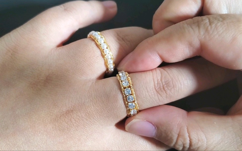 DIY手工制作教程:珍珠跟锆石链做的手工戒指,精致大气