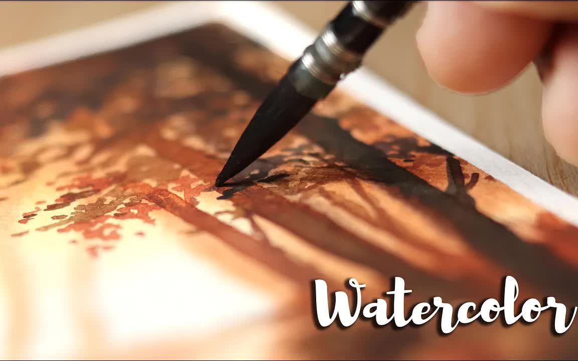 【水彩作画】美丽的森林风景和流动的河水