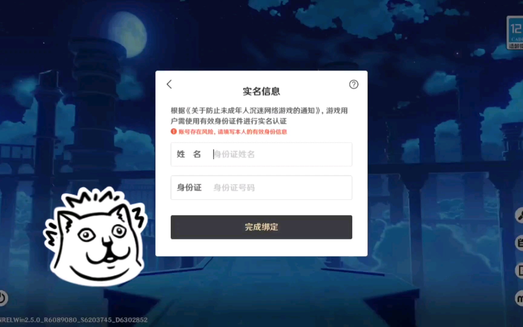 账号有风险,请填写本人的有效身份证!