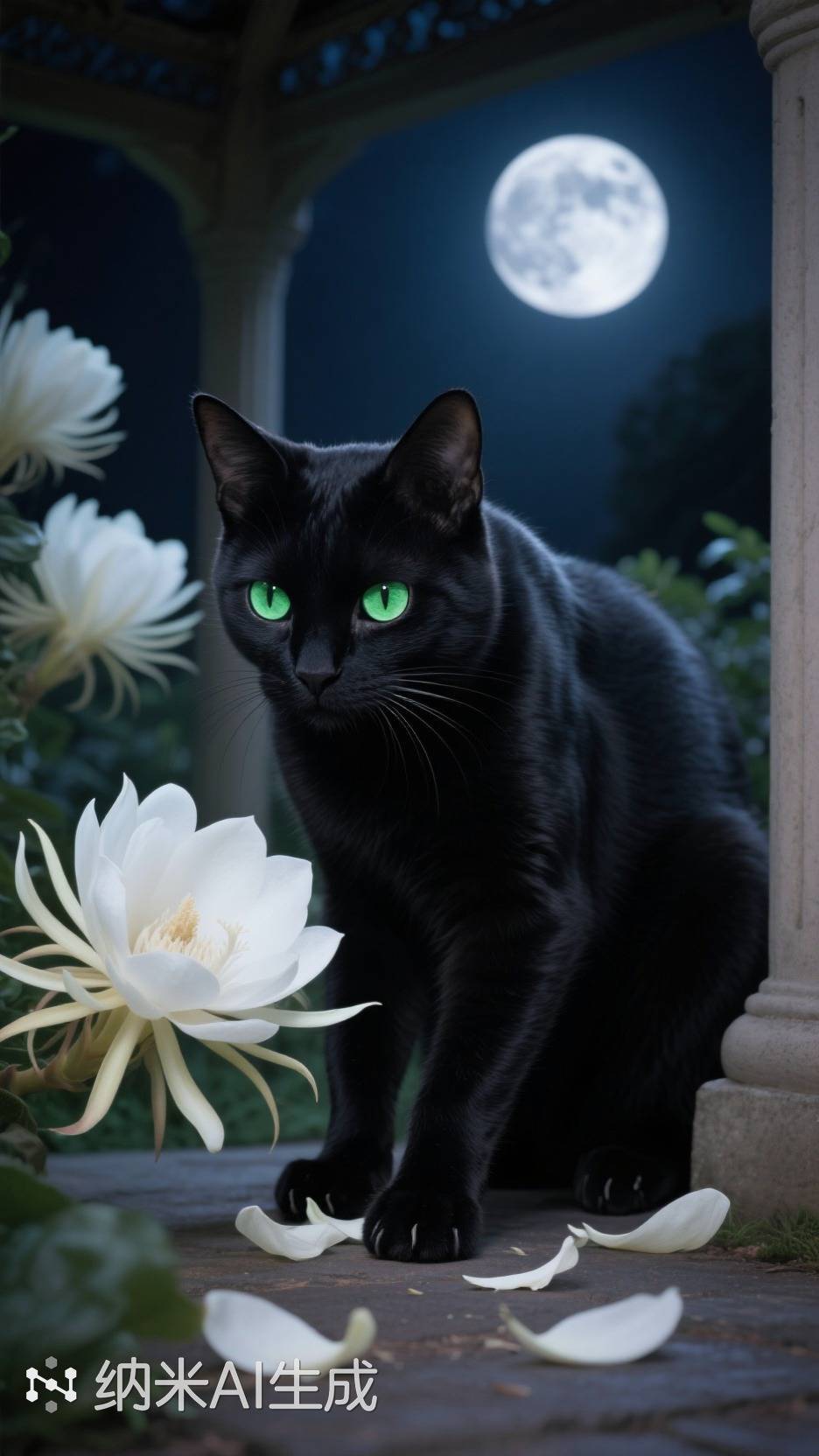 黑蓝猫变凉亭月下美人,昙花香里好魅惑 #野生动物 #美女