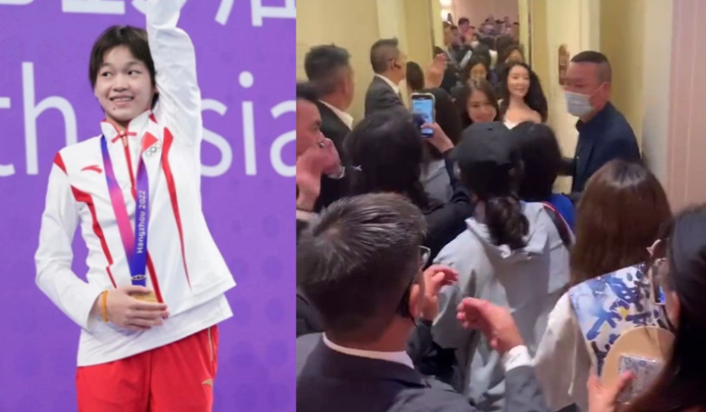 全红婵出门遭数百粉丝围堵,飞奔躲进女厕所被吓哭,被十几名安保护送