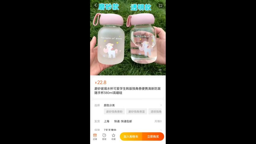 磨砂玻璃水杯可爱学生韩版独角兽便携清新防漏随手杯380ml高硼硅