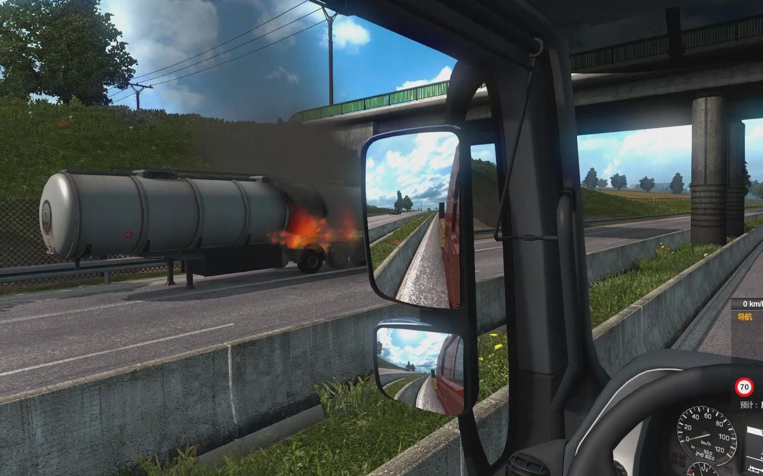 《欧洲模拟卡车2》超速,罚款,碰撞,路旁有辆烧着了的油罐车