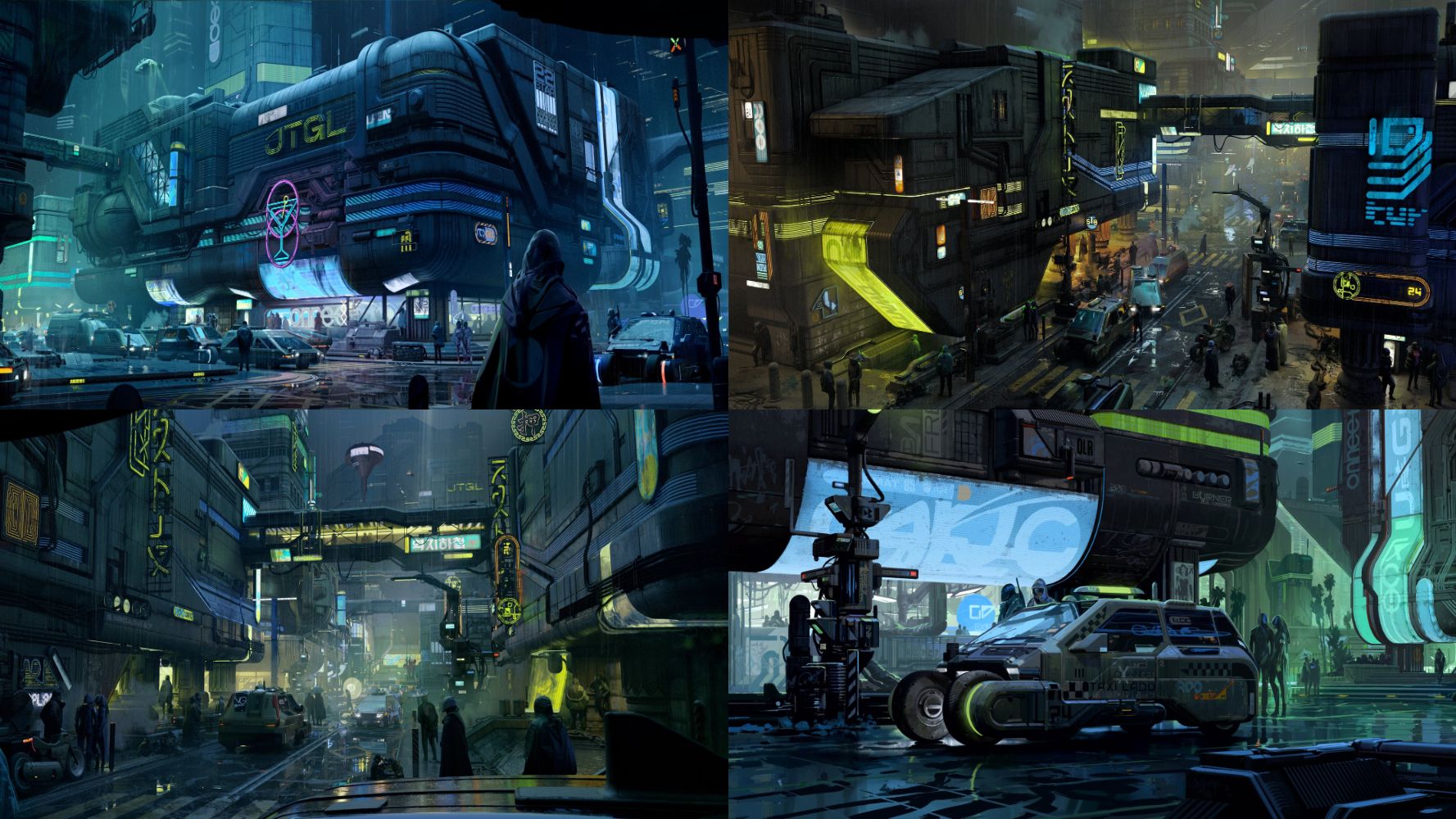 模块化科幻赛博朋克建筑霓虹灯公路车辆路灯组件场景cyberpunk3D模型