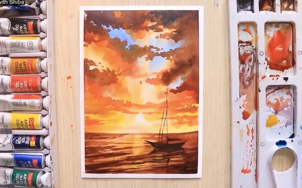 【水彩风景】海上晚霞水彩绘画