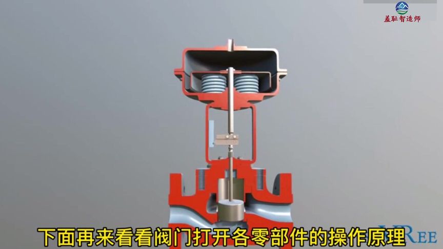 动画模拟流体阀门机械设备,气动调节阀开关工作原理及其结构