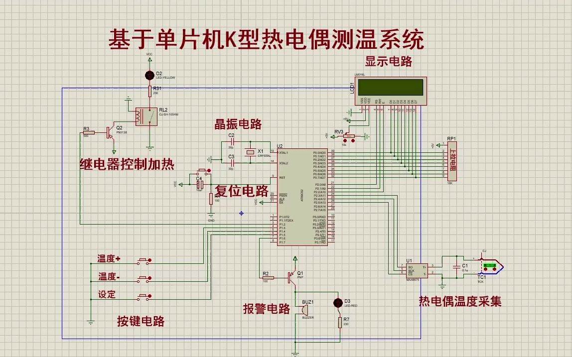 基于单片机K型热电偶测温温度控制报警系统proteus仿真C语言带说明书