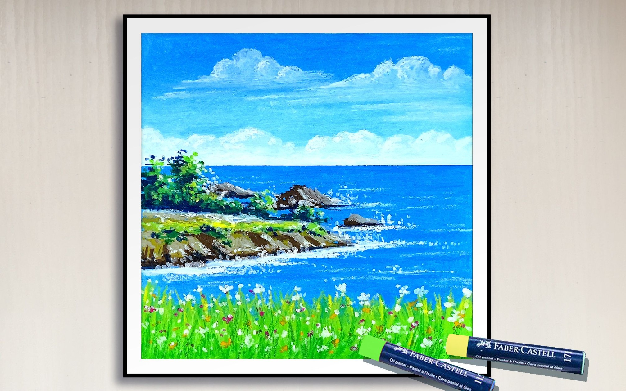 油画棒风景-用油画棒画美丽的夏日海边风景,完整手绘过程分享