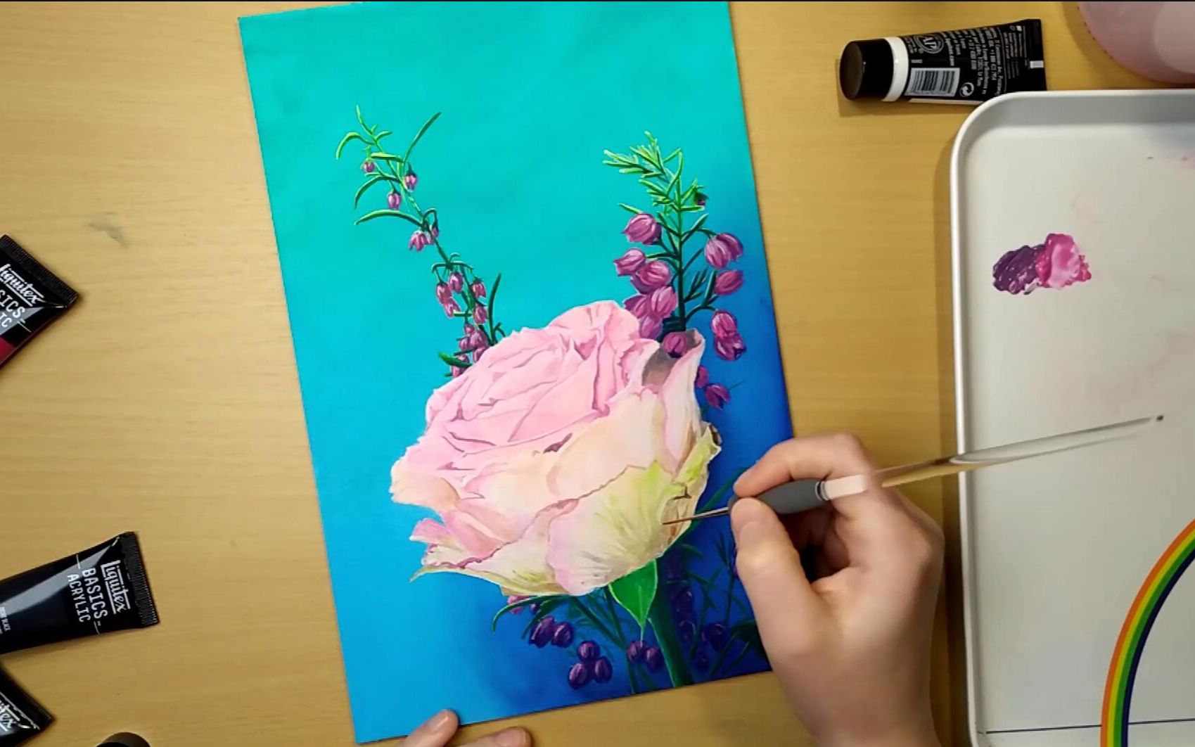 【丙烯画】【绘画教程】玫瑰-Acrylic Painting _ Rose on Canvas Panel