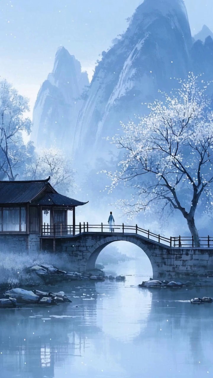 中国古典山水画风格,青山绿水环绕,薄雾缭绕,一座石桥横跨溪流,桥上有...