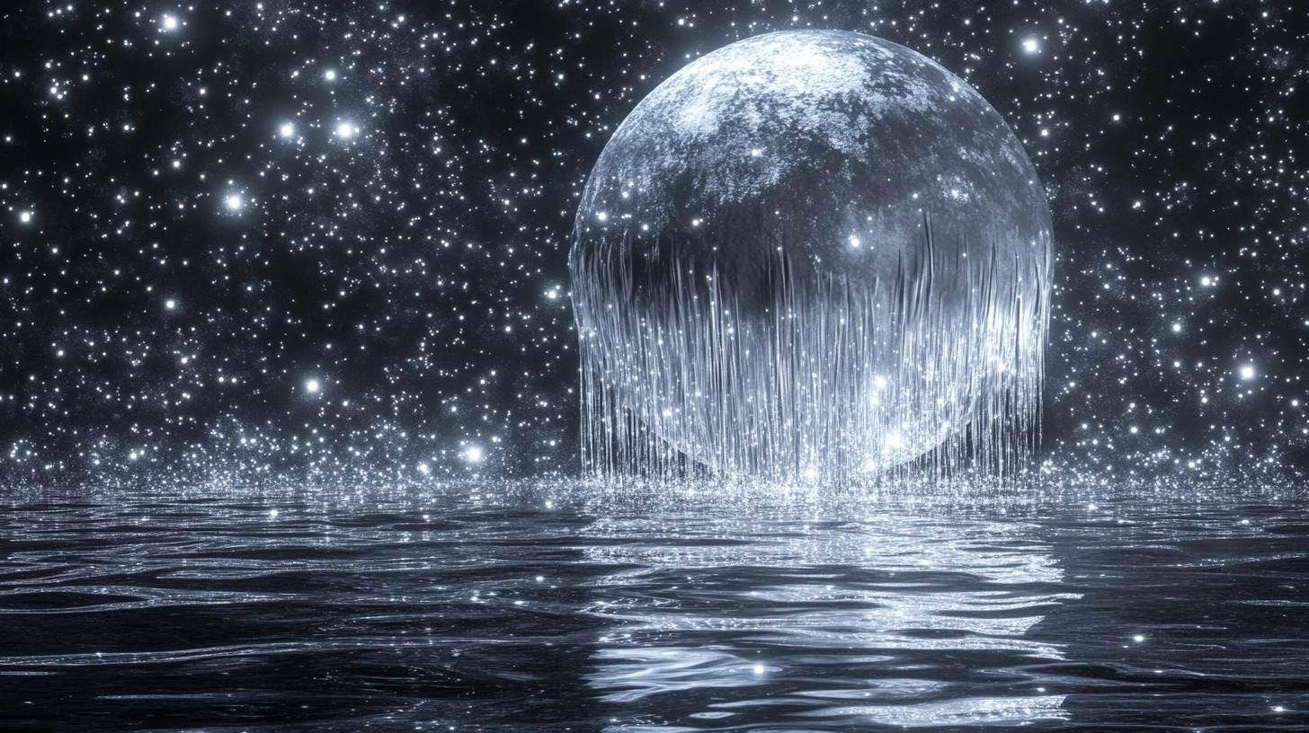 光浮动,水从球体上落下,水波动,光落到水中