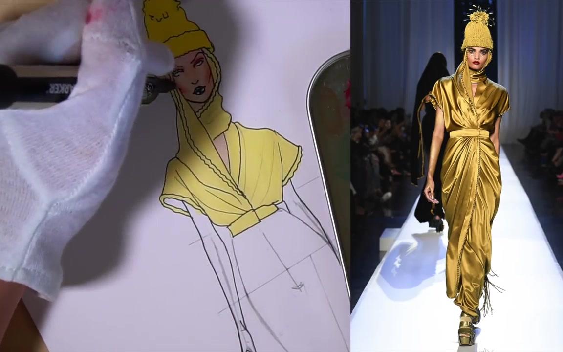 服装设计图:服装设计师手绘教学,如何画出真假难辨的丝绸长裙!