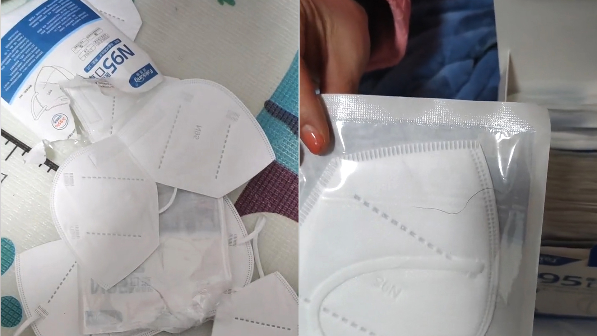 N95口罩1盒5个劈叉,完好包装现不明毛发,女子不敢用:变异了?