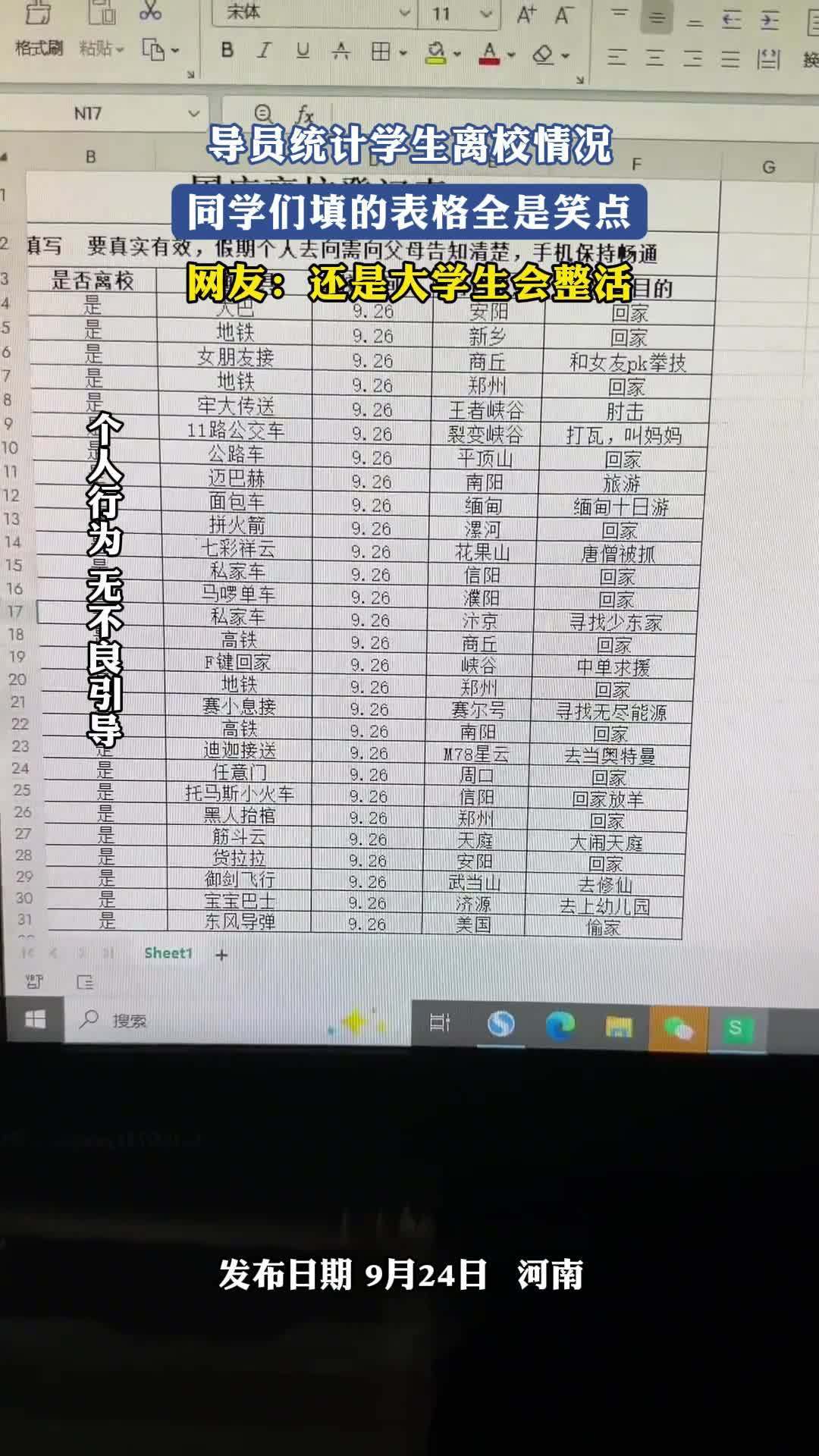 导员统计学生离校情况,同学们填的表格全是笑点