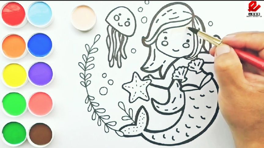 儿童色彩画启蒙教程,美人鱼简笔画涂色填色
