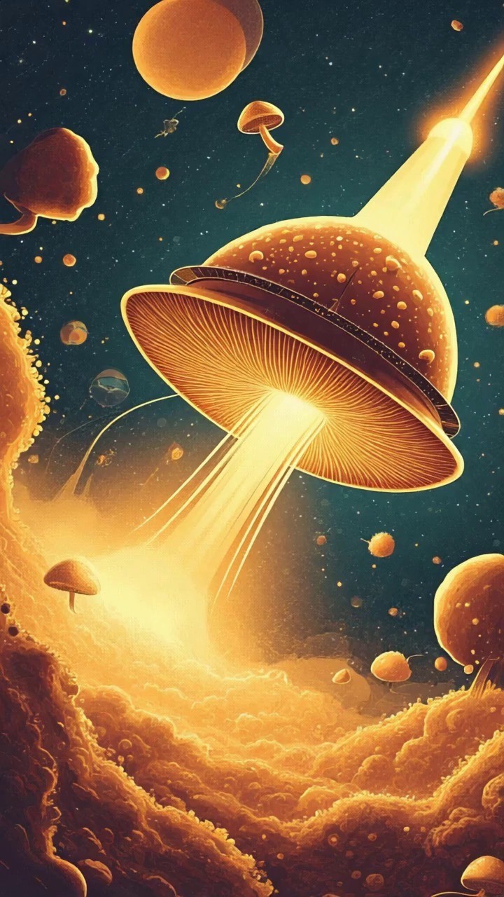 奇幻风格的巨型蘑菇造型飞行器,菌伞表面布满发光纹路,底部喷射口...