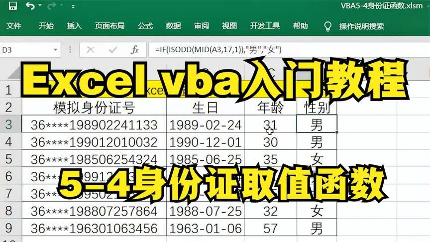 Excel VBA入门教程,一个函数提取身份证出生年月,年龄和性别