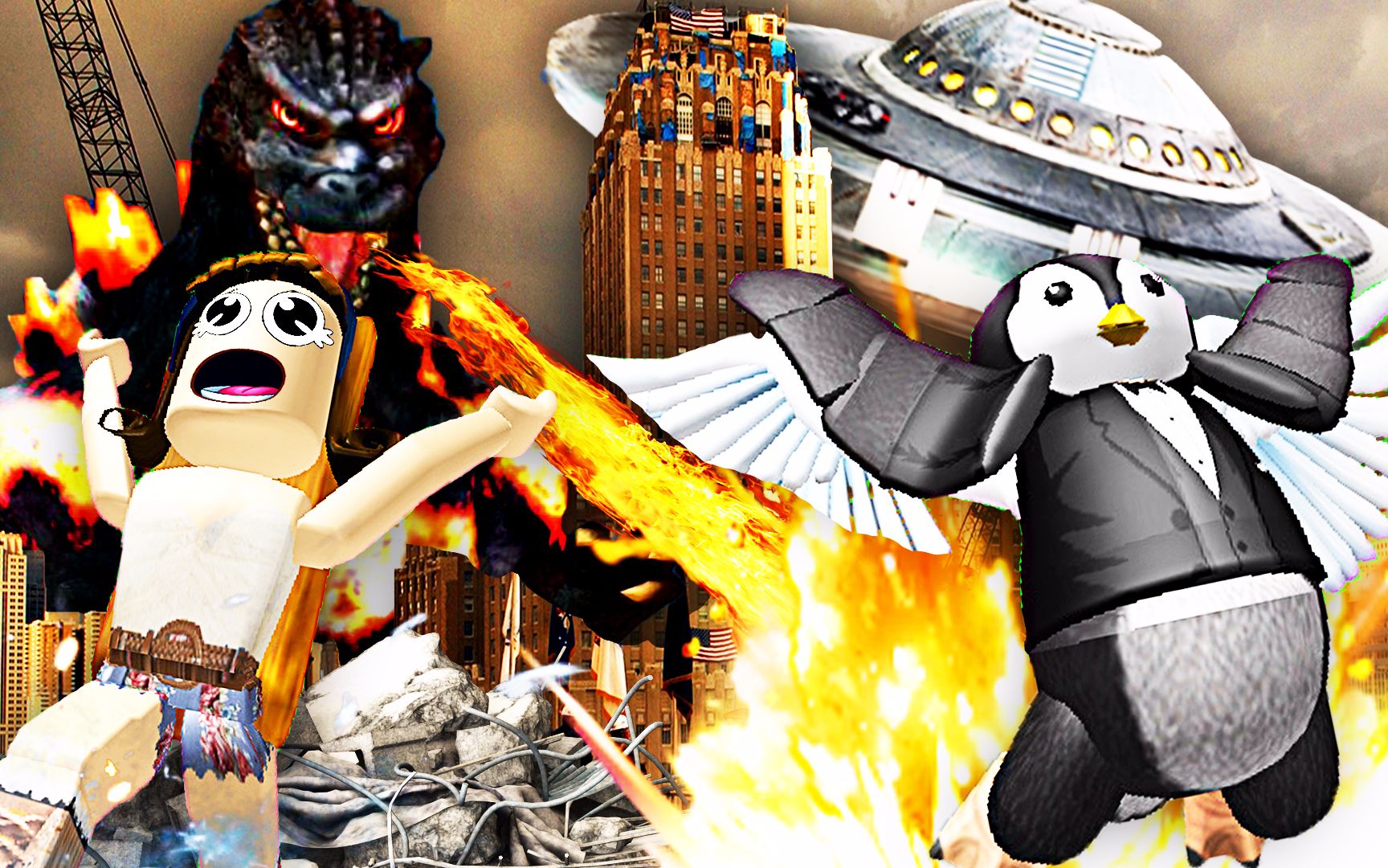 【屌德斯&小熙】 Roblox灾难模拟器 巨大怪兽哥斯拉和UFO袭击城市