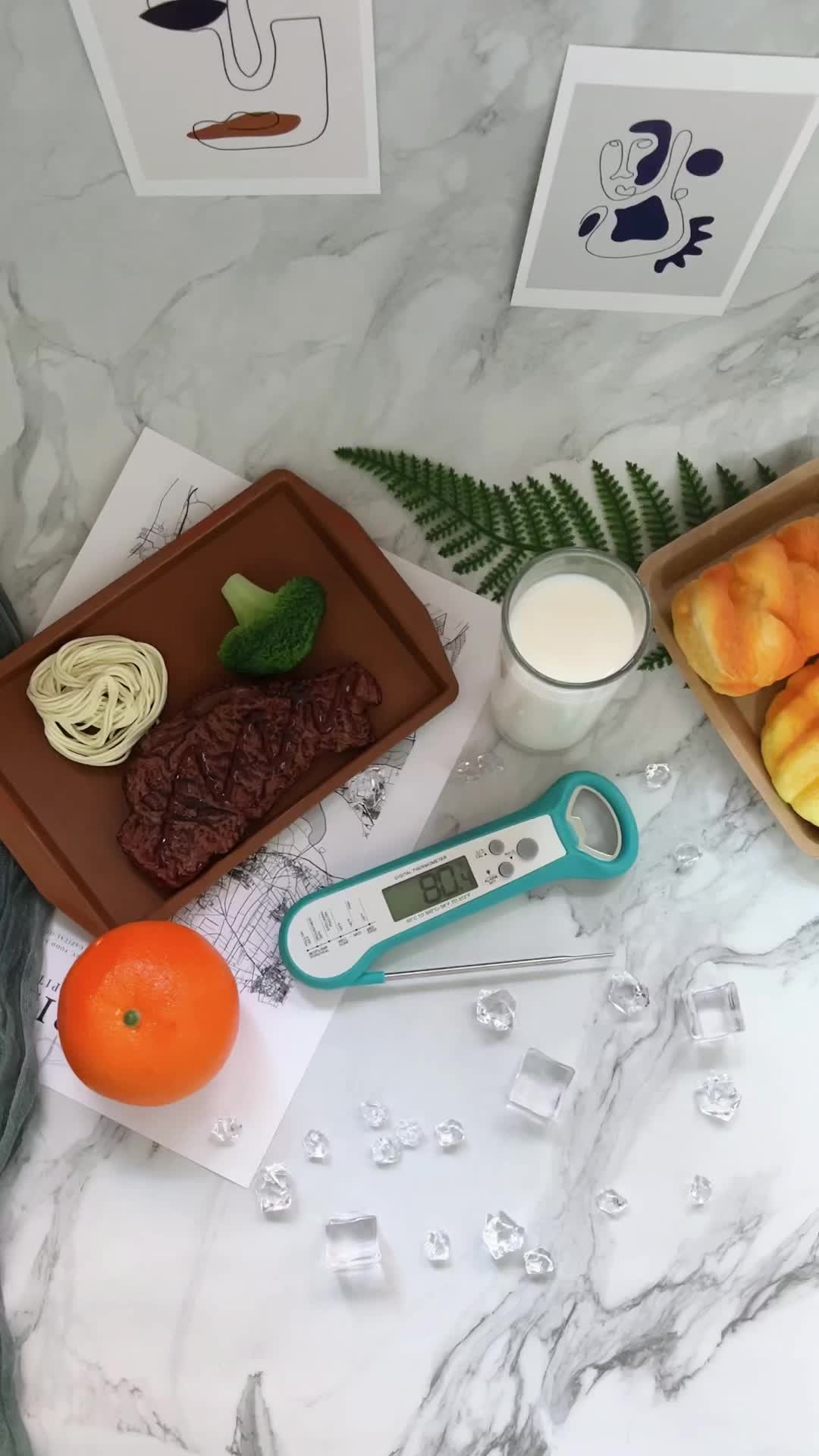 温美测折叠探针肉类温度计防水开瓶器数显大屏背光厨房食品温度计