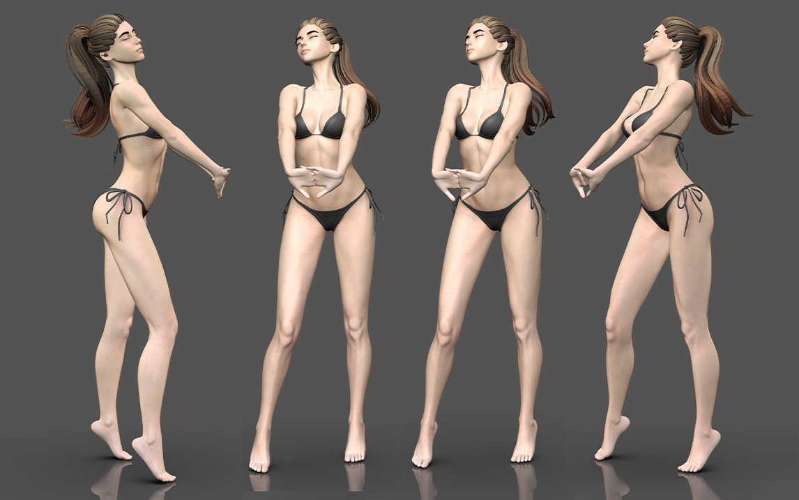 【zbrush教程】标准女性人体模型雕刻教程;骨骼动作摆放、脸部线条、...