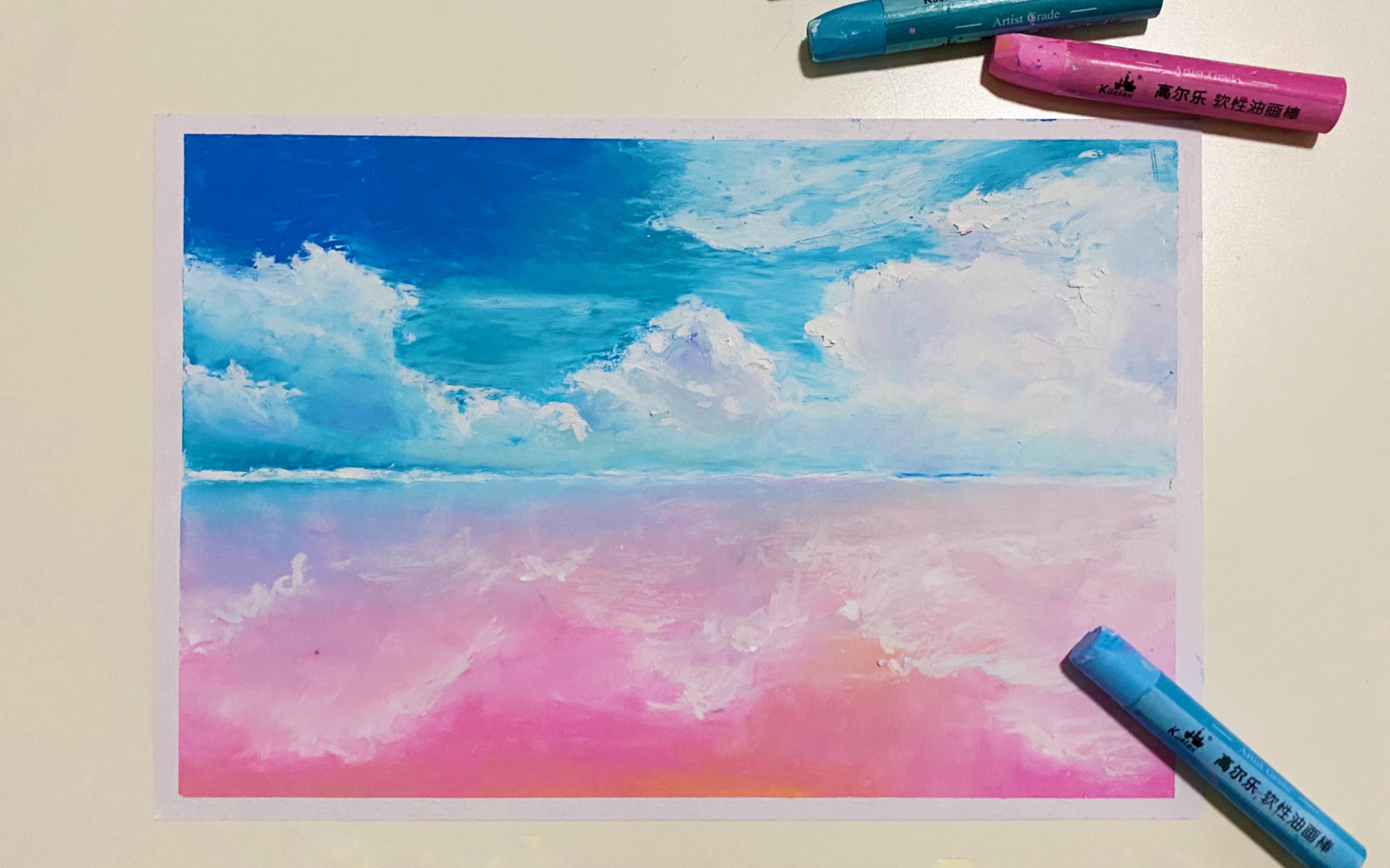 【油画棒】粉海晴空绘画过程|治愈系海景|0基础也可以学|初学者油画棒...