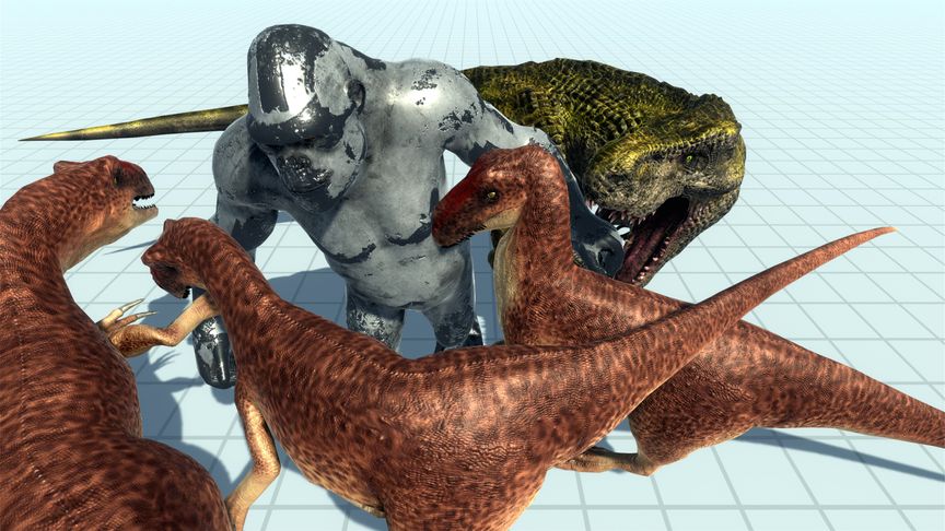 动物战争模拟器:铜头铁壁五郎巨人VS霸王龙和三只异特龙