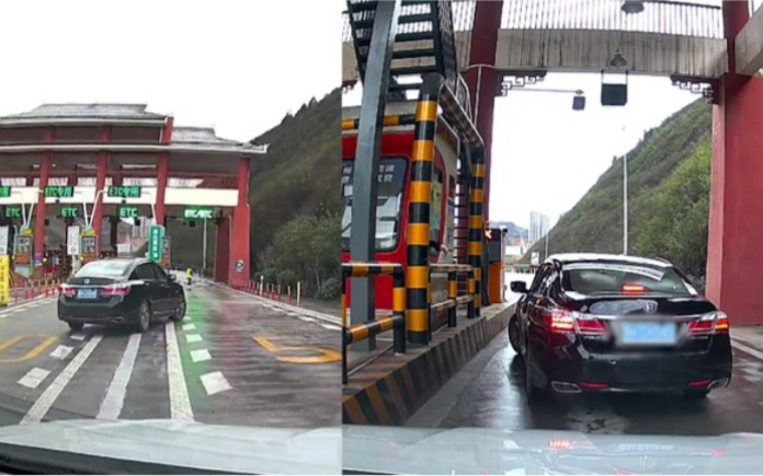 男子开车进ETC,看见前车换道蹭ETC,后来一幕让女司机尴尬倒回车取卡
