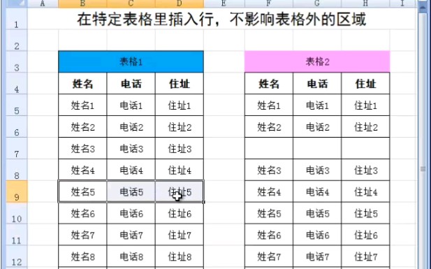 一个工作表里有多个表格,如何只在一个表格里插入行,而不改变影响...