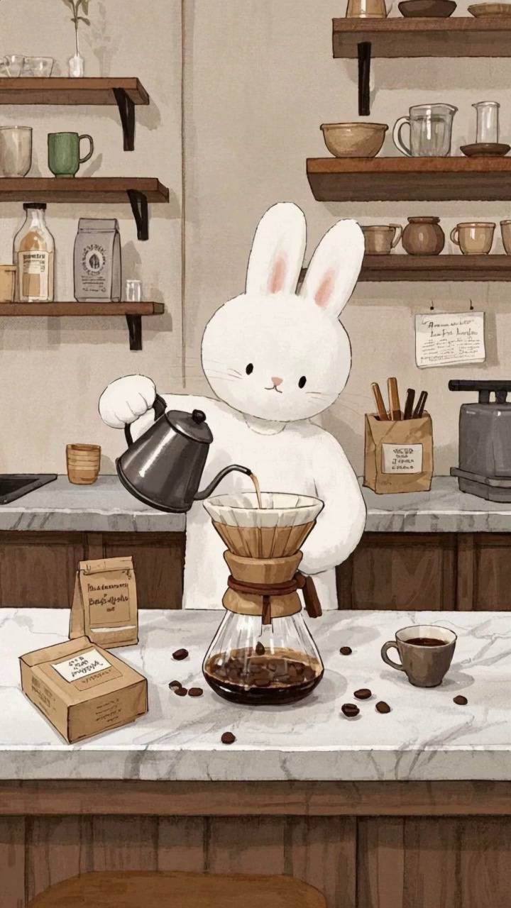 ...地使用咖啡机冲泡咖啡,木质台面上摆着咖啡豆和陶瓷杯,晨光透过玻璃...