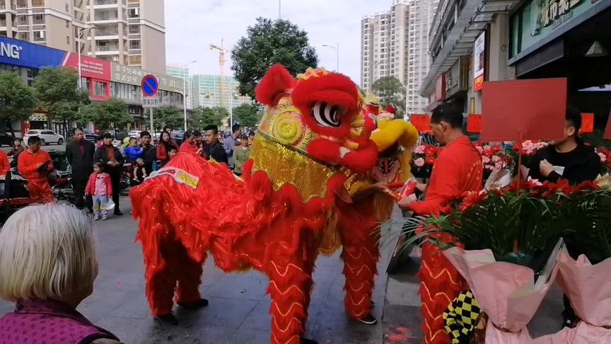 众人围观舞狮队表演,醒狮眼睛热闹非凡!