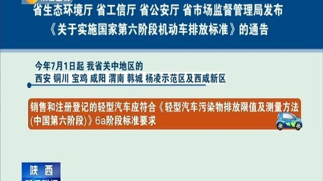 陕西省关中地区7月1日起实施国家第六阶段机动车排放标准