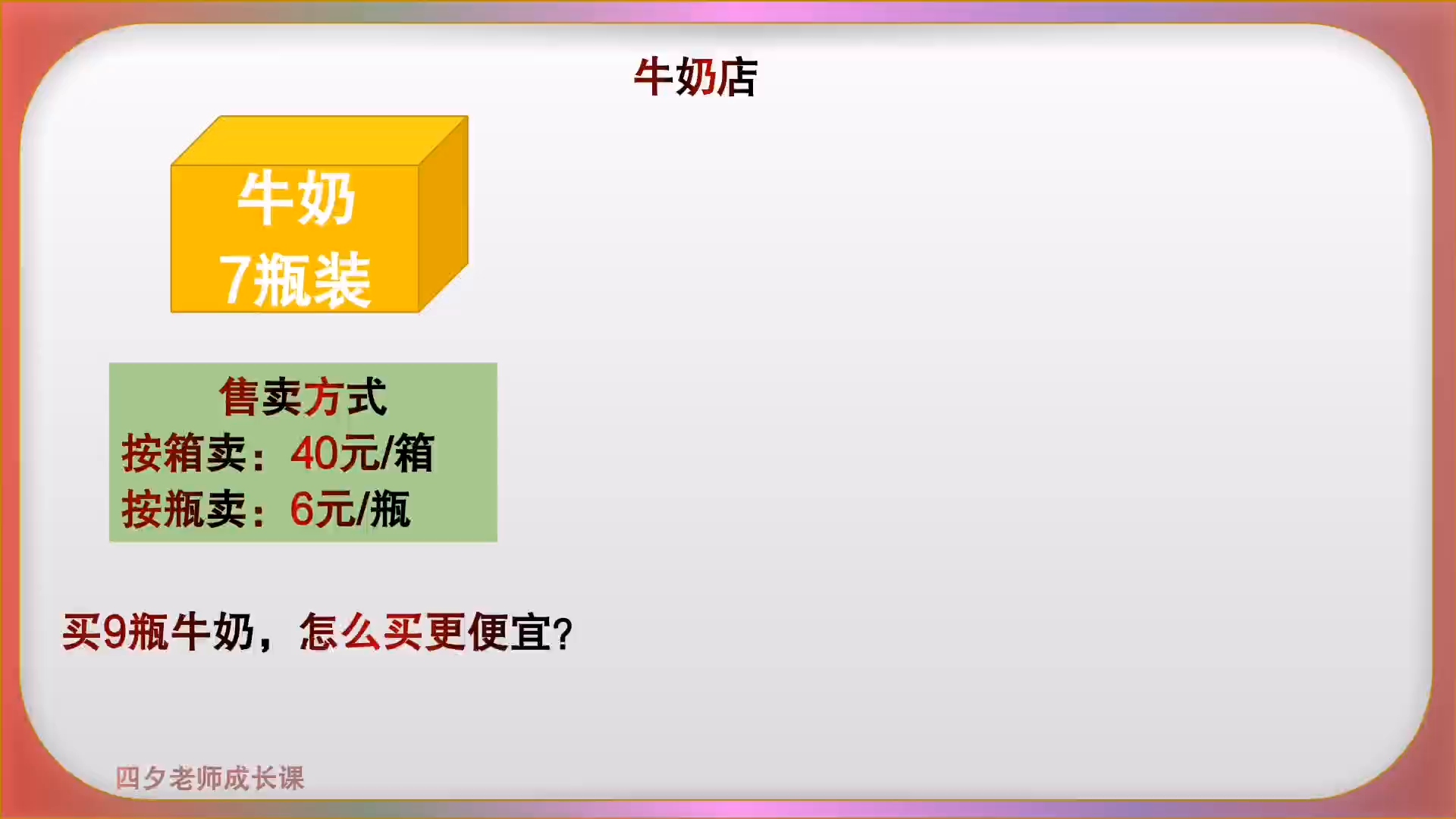 三年级数学:牛奶40元1箱7瓶,6元1瓶,买9瓶怎么买便宜
